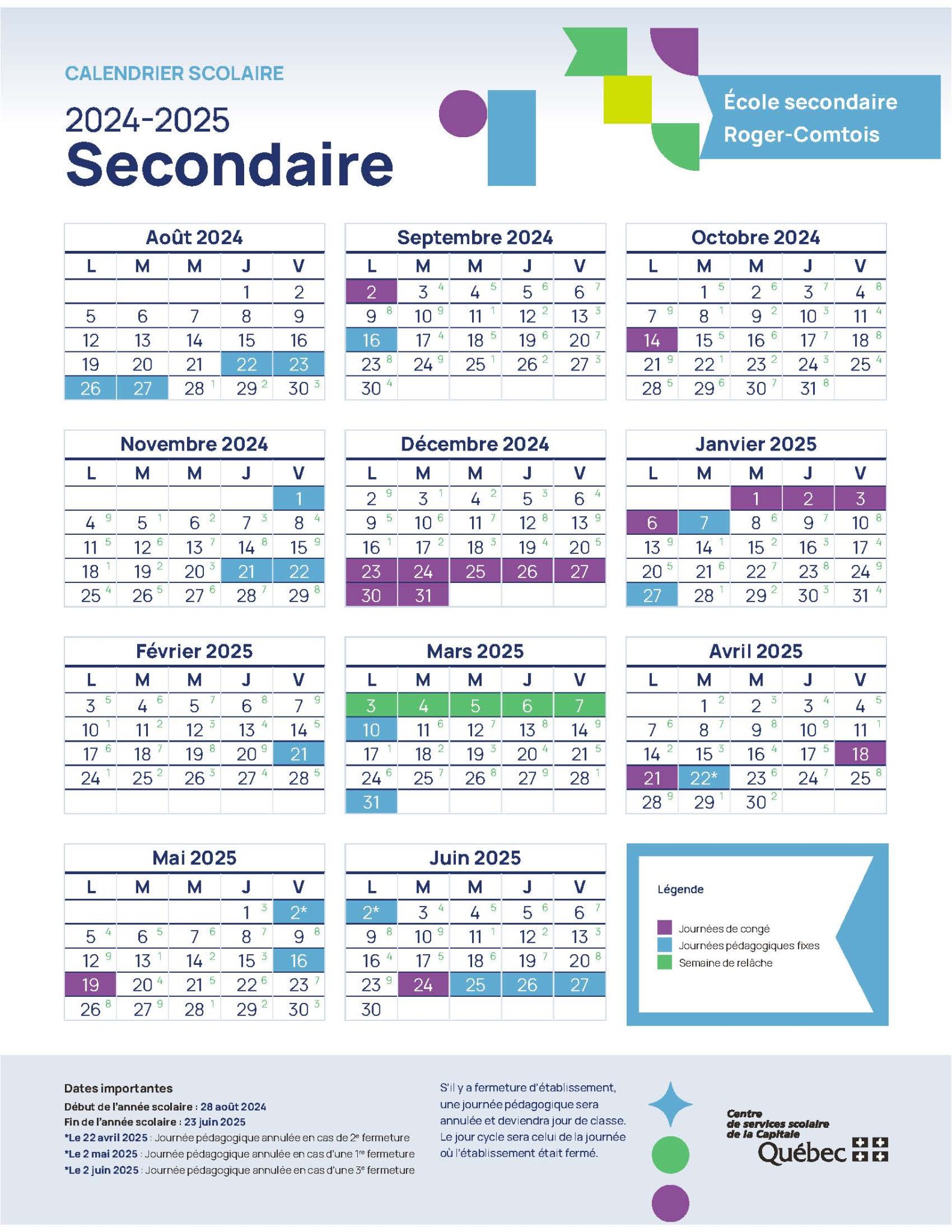 Calendrier scolaire - École Secondaire Roger-Comtois